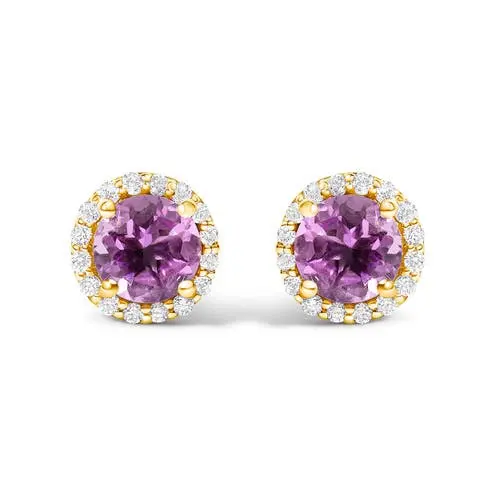 HAUS OF BRILLIANCE 10k Gold Gemstone And Diamond Halo Stud Earrings - Yellow | Purple Amethyst
